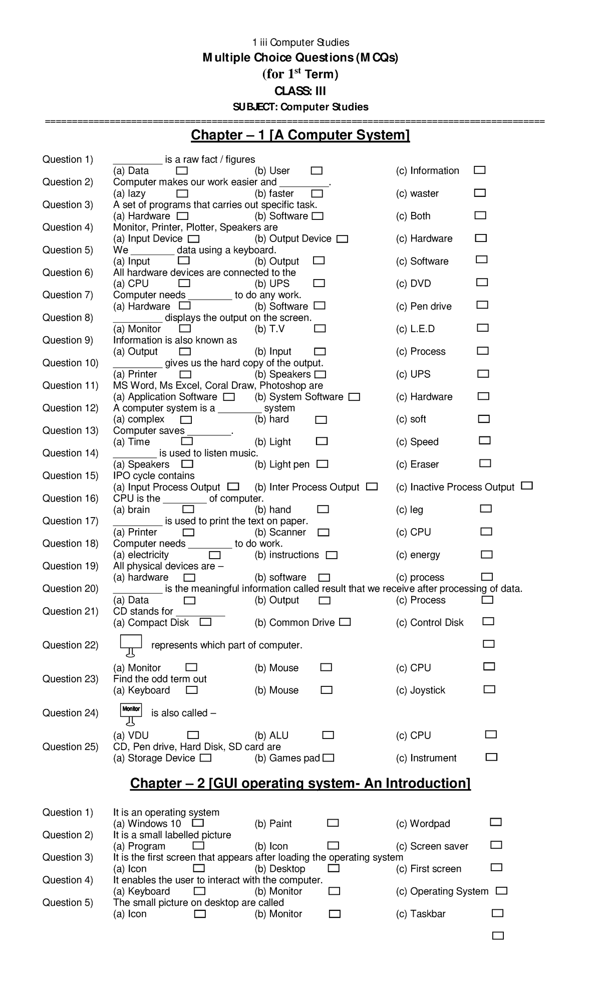 Class 3 Computer Studies - 1 iii Computer Studies M ultiple Choice ...