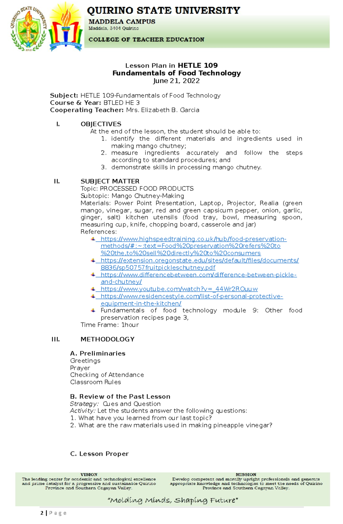 LP JUNE 21 - LESSON PLAN - 2 | P a g e Lesson Plan in HETLE 109 ...