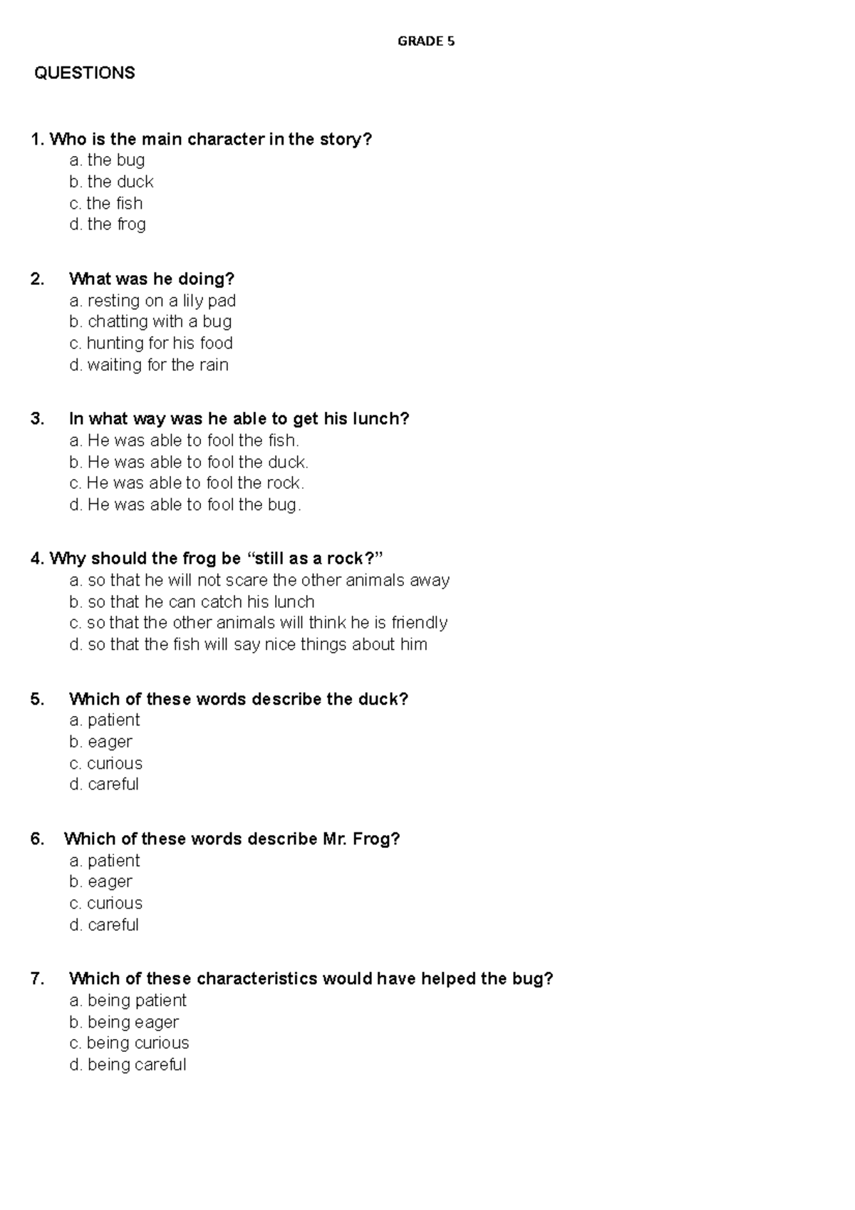PHIL IRI ENG PRE Questions - GRADE 5 QUESTIONS Who is the main ...