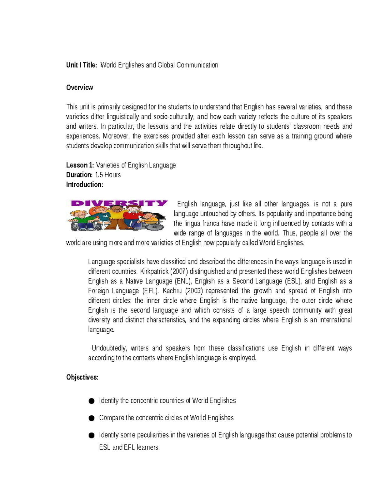 Unit I Lesson 1 Varieties of English Language - Unit I Title: World ...