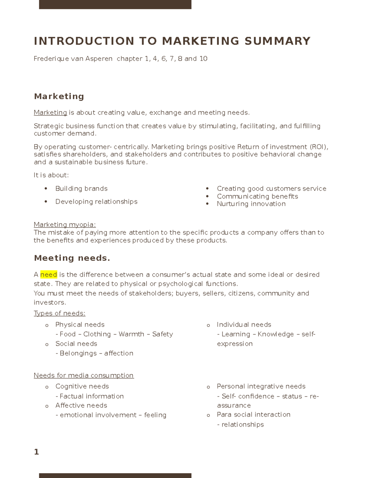 Introduction to marketing summary - INTRODUCTION TO MARKETING SUMMARY ...