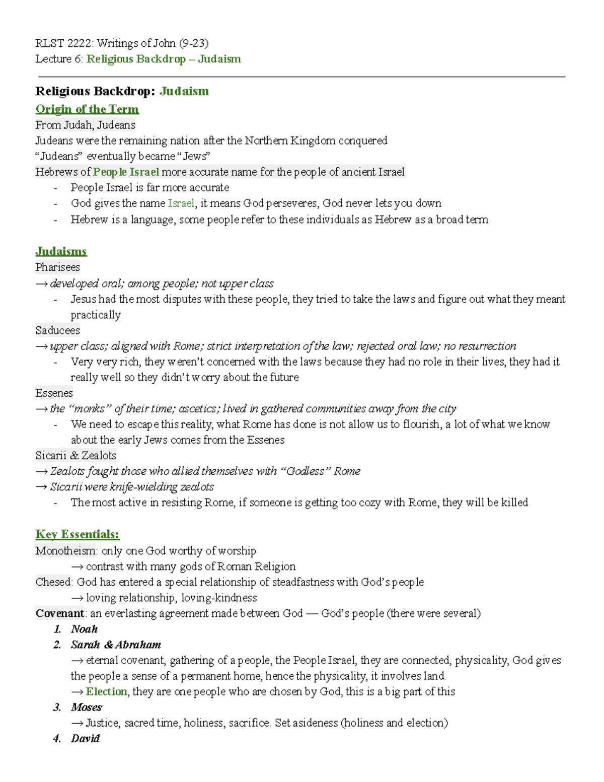 Lecture 6 Judaism (9-23) (1) - RLST 2222: Writings of John (9-23 ...