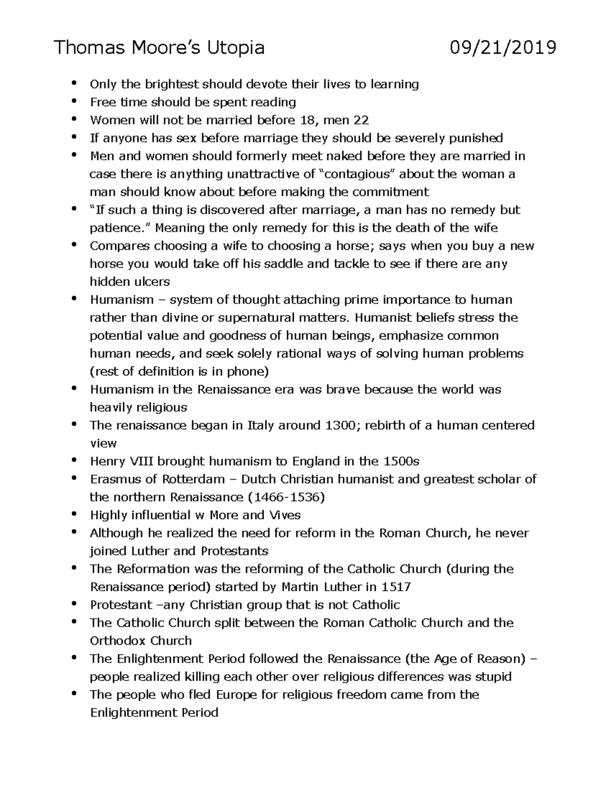 Thomas More - Lecture notes - Thomas Moore’s Utopia 09/21/ Only the ...