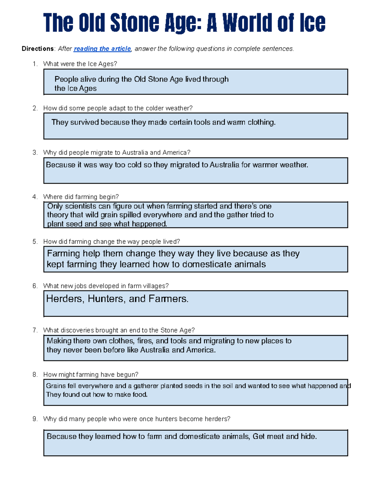 A+World+of+Ice+Reading+and+Questions - The Old Stone Age: A World of ...