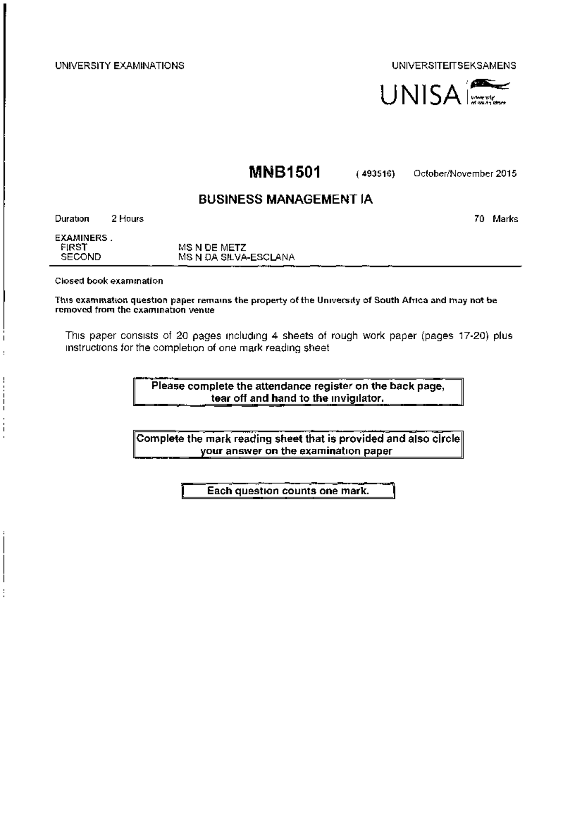 MNB1501 2015 10 E 1 - Textbook - AUE1601 - Studocu