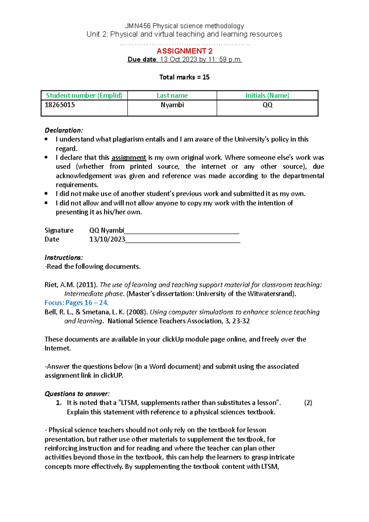 JMN456 Assignment 2 - Final year methodology of physical science ...