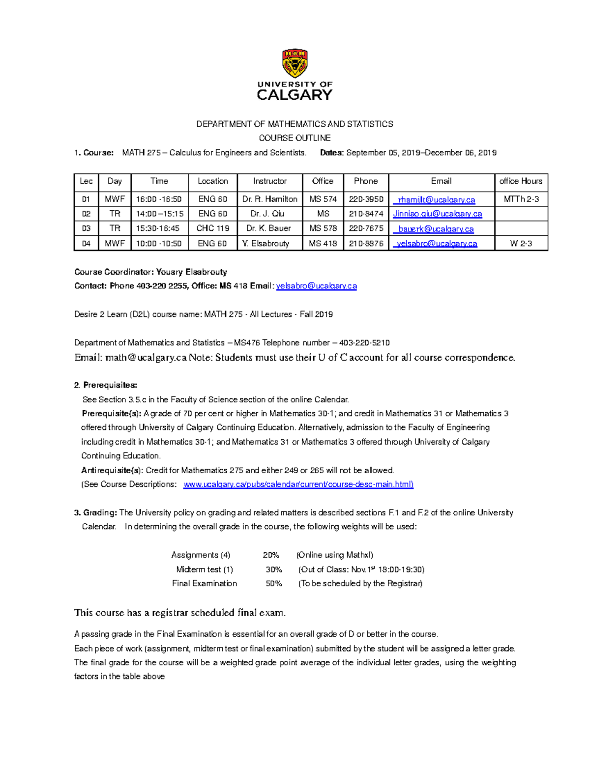 MATH 275 CIS F19 - Course outline from Elsabrouty - DEPARTMENT OF ...
