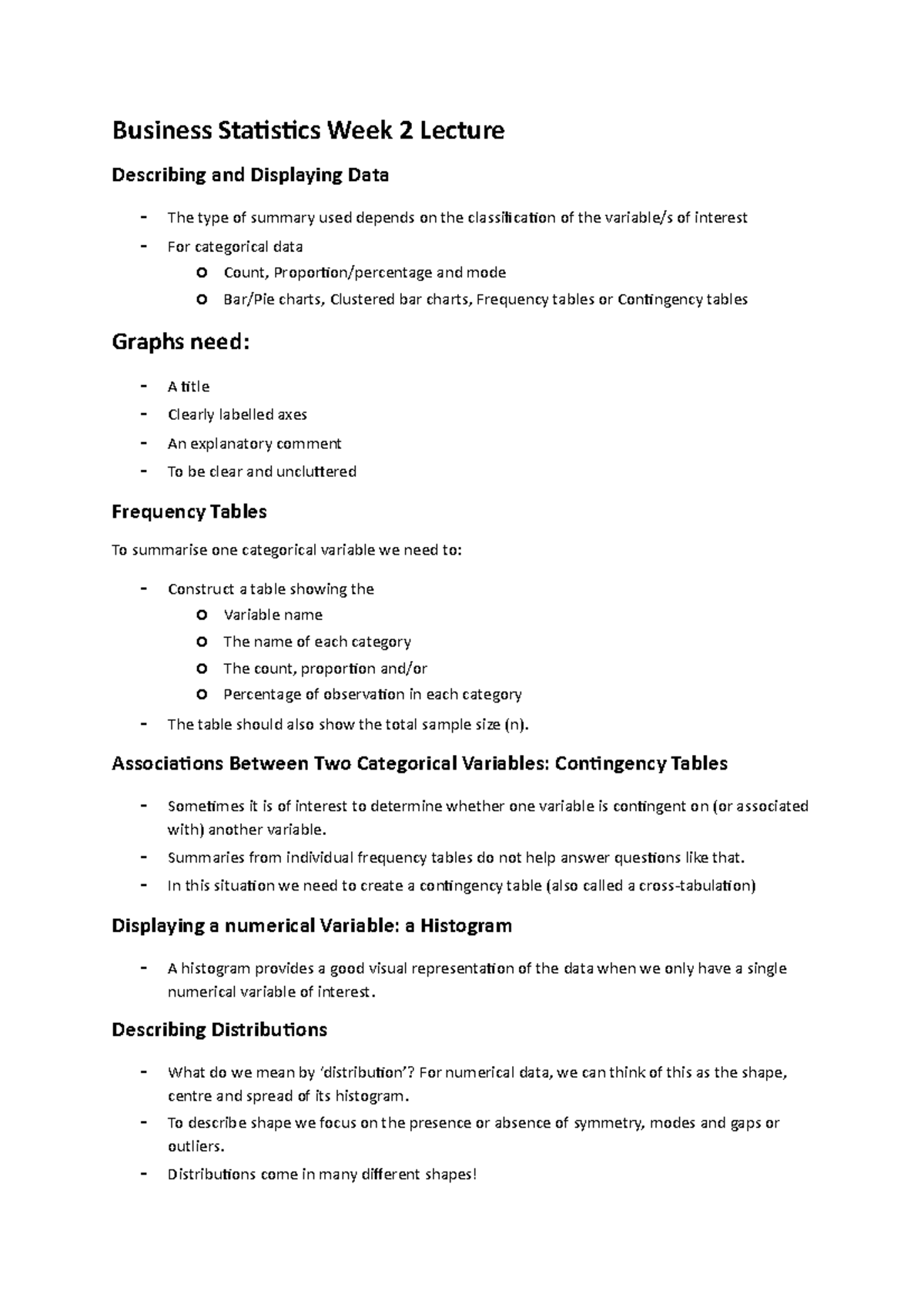 Business Statistics week 2 Lecture - Business Statistics Week 2 Lecture Describing and ...