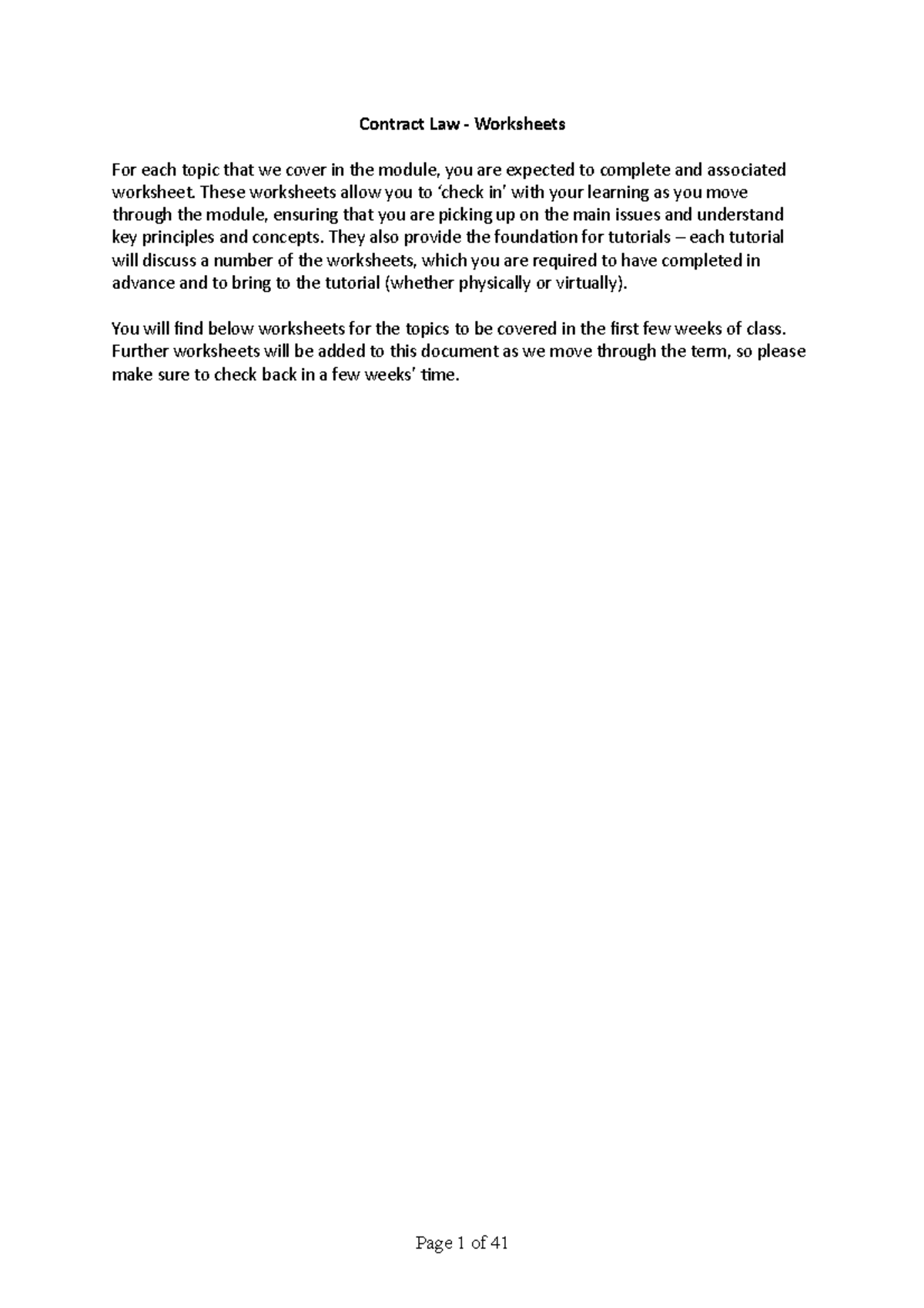 Contract Law - Worksheets - These worksheets allow you to ‘check in ...