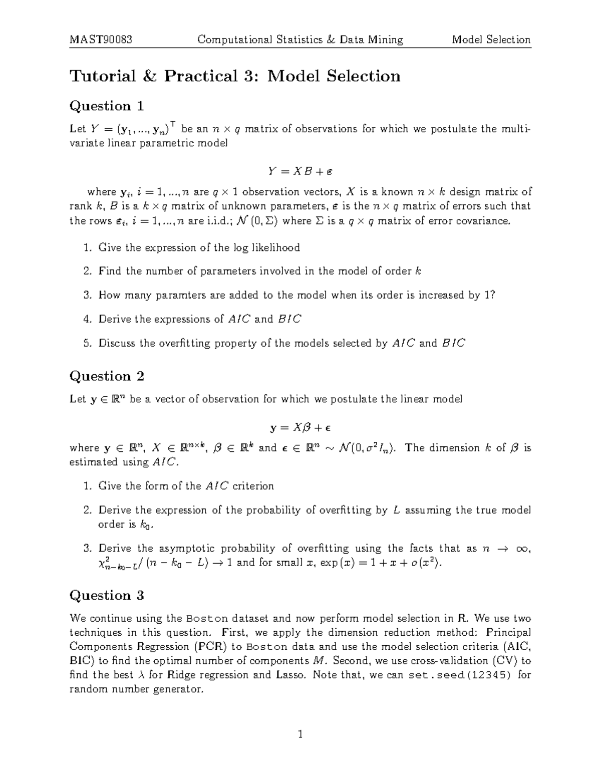 Tutorial 3 - MAST90083 Computational Statistics & Data Mining Model ...