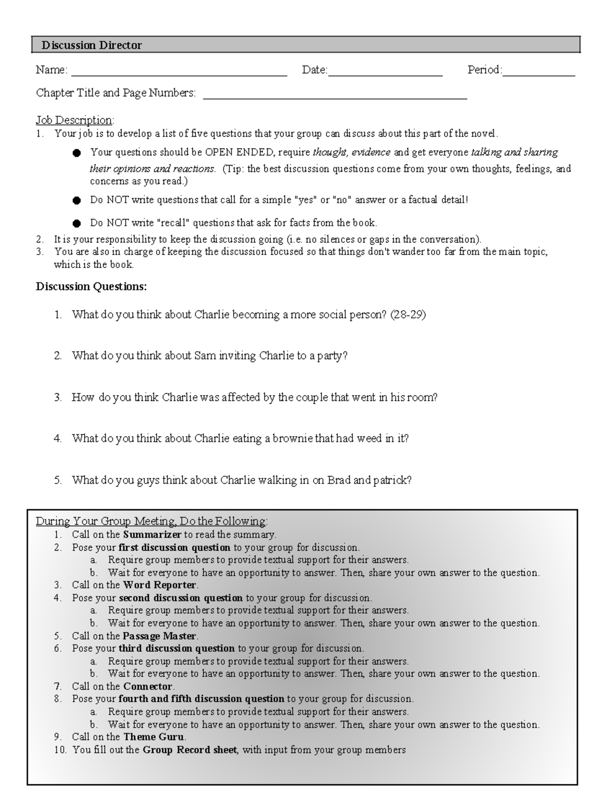 Arturo- Lit Circles: Literature Role Assignments - Discussion Director ...