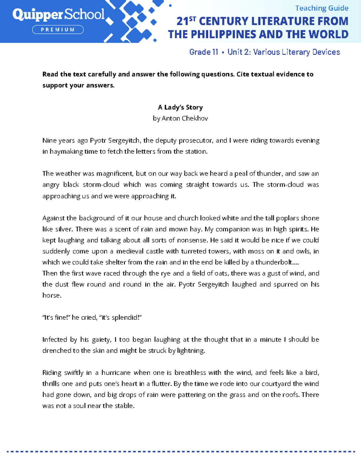 A Ladys Story by Anton Chekhov - Read the text carefully and answer the ...
