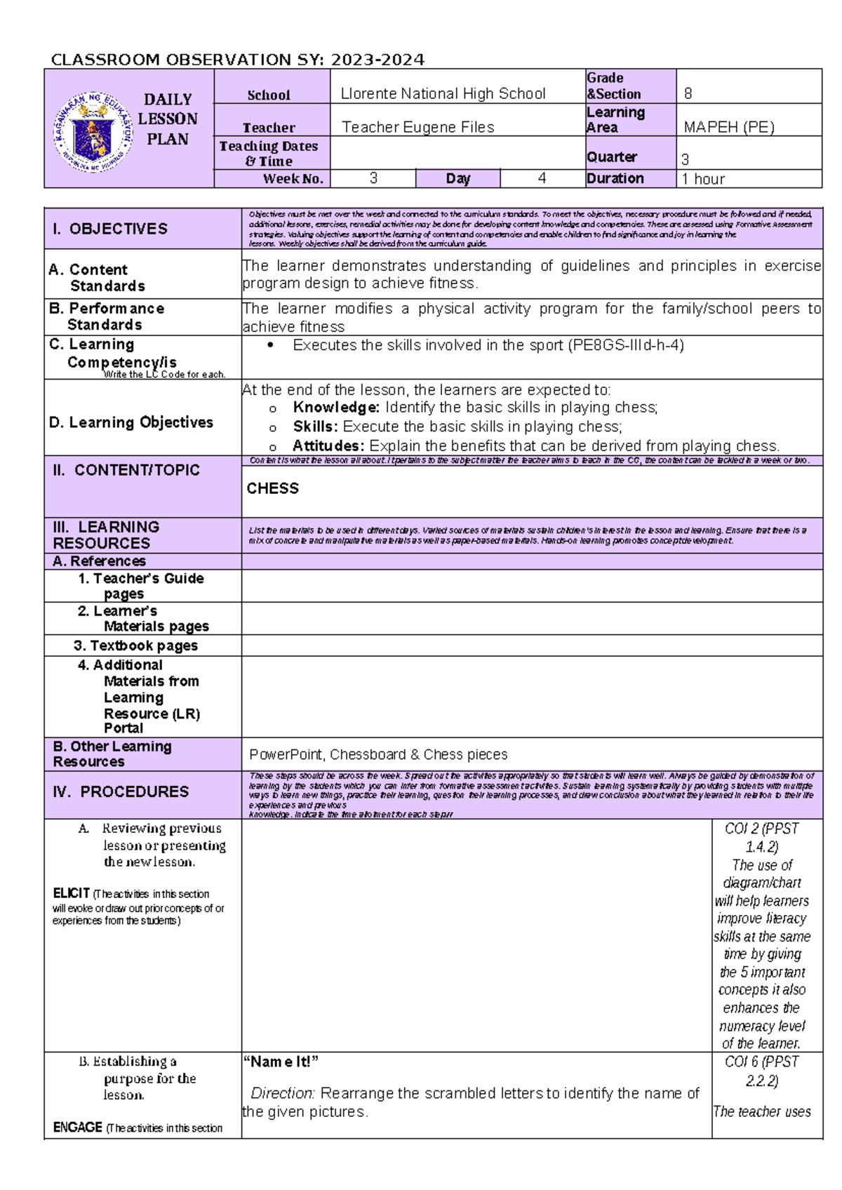 Q3 COT LP PE8 Week3 (Chess) - DAILY LESSON PLAN School Llorente ...