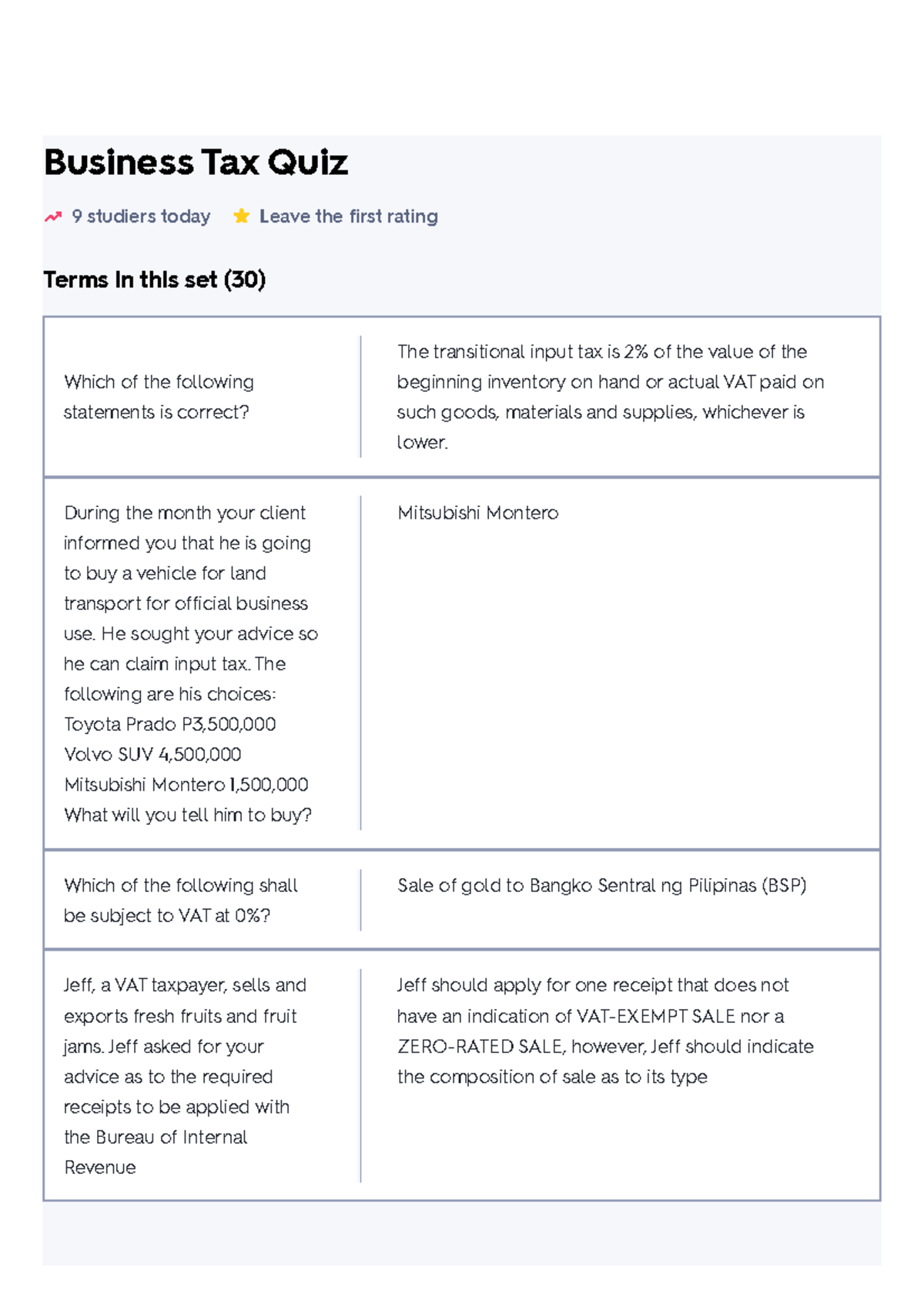 Business Tax Quiz Flashcards - Business Tax Quiz 9 studiers today Leave ...