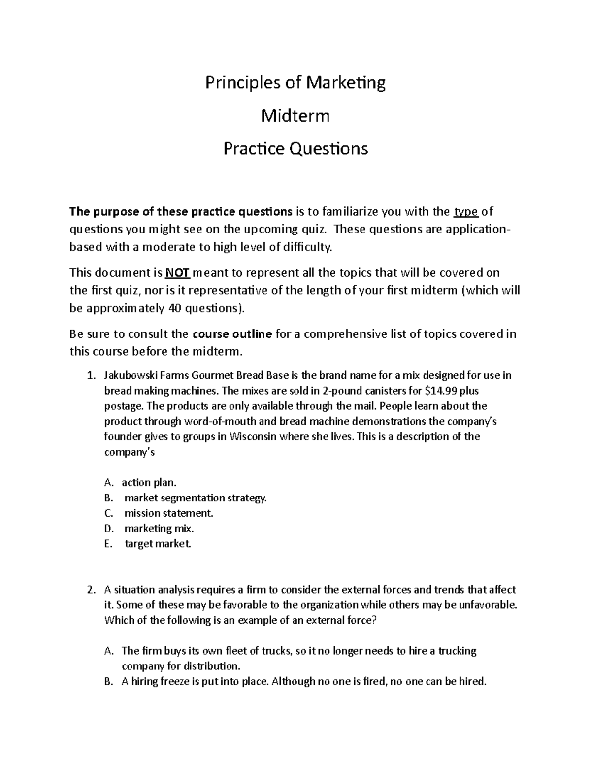 Midterm Practice Questions - Principles of Marketing Midterm Practice ...