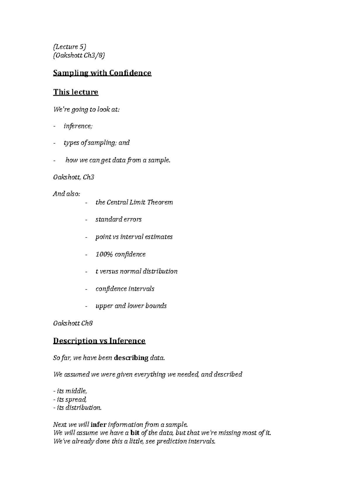 QA Lecture week 6 - (Lecture 5) (Oakshott Ch3/8) Sampling with ...