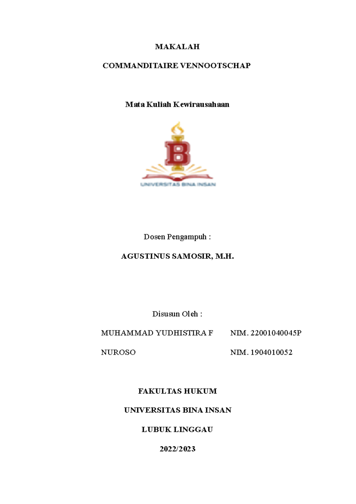 Laporan Makalah CV - MAKALAH COMMANDITAIRE VENNOOTSCHAP Mata Kuliah ...