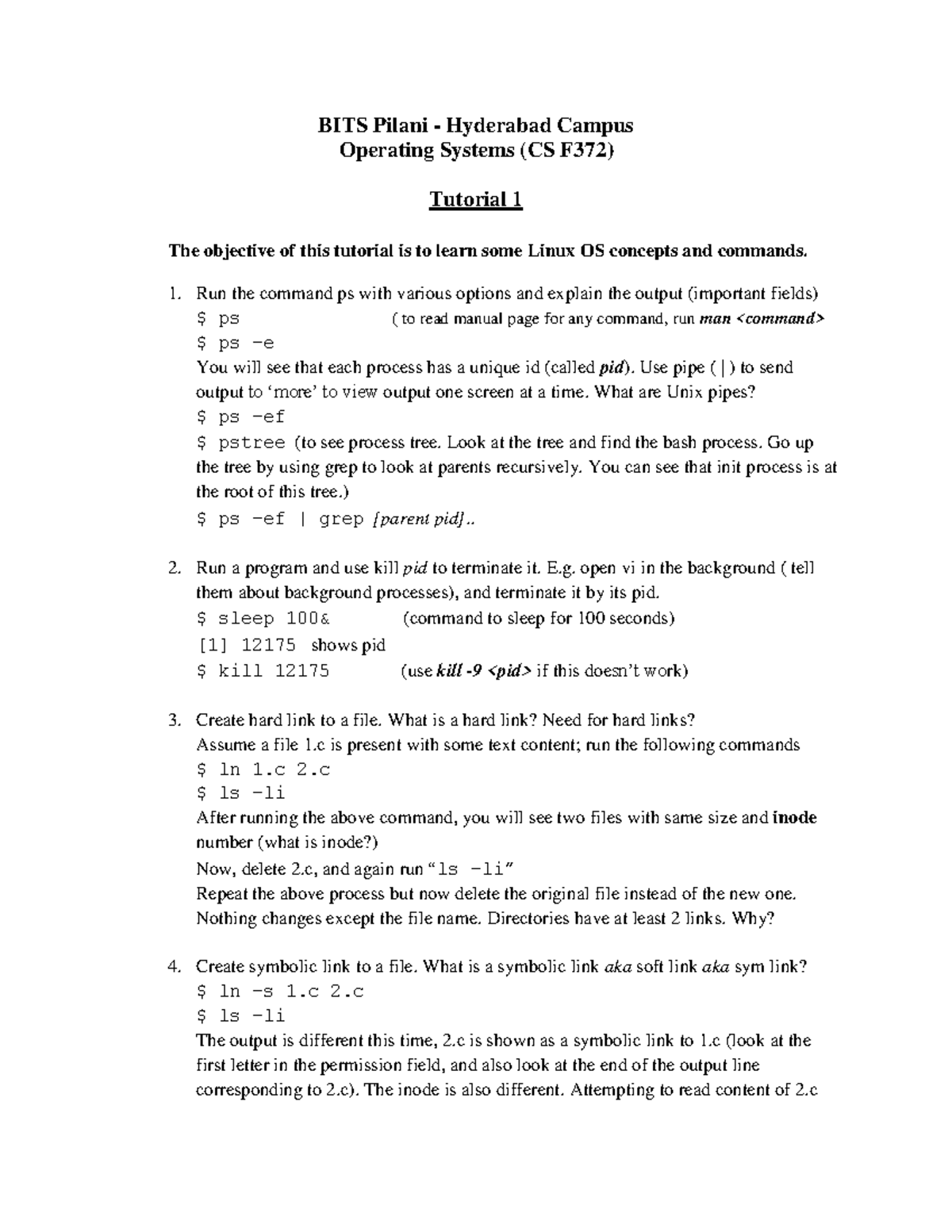 Tut1 Intro Lunix And Shell Programming Bits Pilani Hyderabad Campus Operating Systems Cs