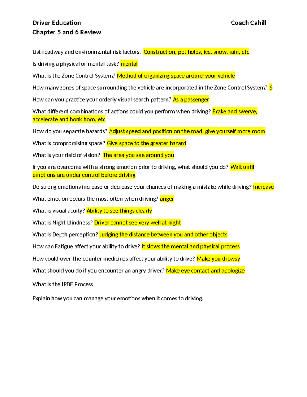 Chapter 5 and 6 review answers - Driver Education Coach Cahill Chapter ...