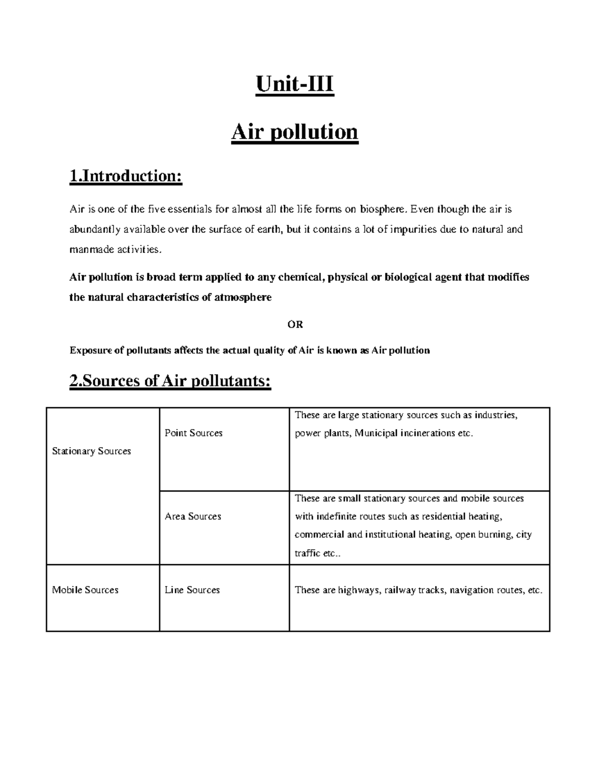 Air Pollution Notes Final - Unit-III Air pollution 1: Air is one of the ...
