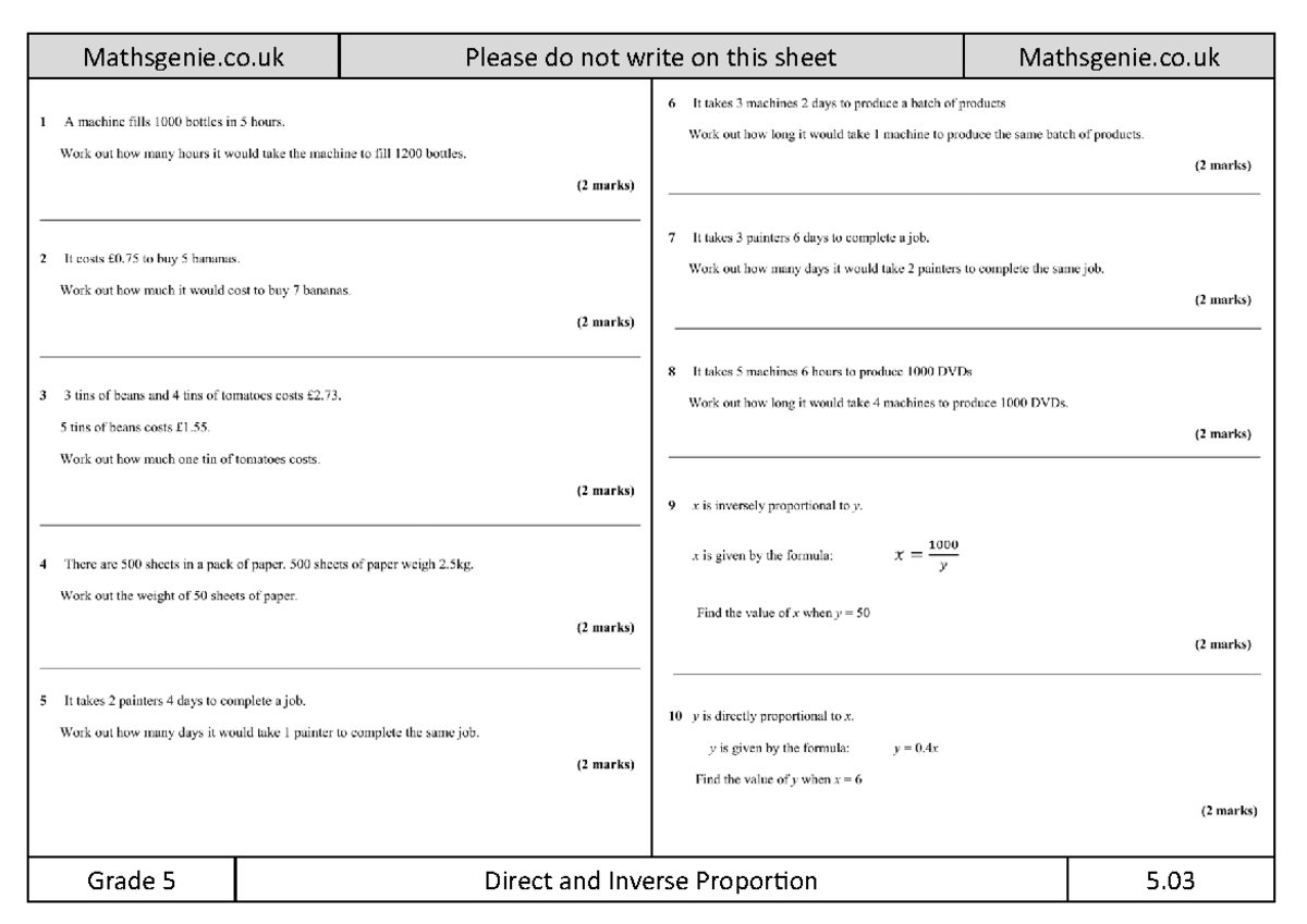 Direct+and+Inverse+Proportion - Mathsgenie.co Please do not write on ...