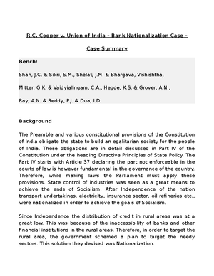 CASE Summary OF R C Cooper VS UOI (1970) SC - R. Cooper v. Union of ...
