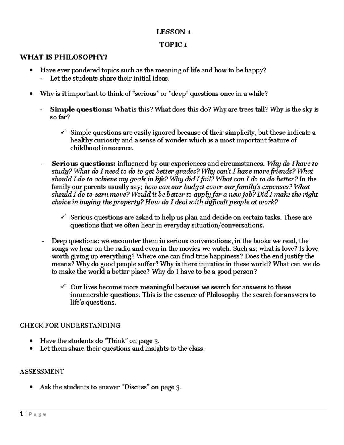 Lesson 1 Doing Philosophy - LESSON 1 TOPIC 1 WHAT IS PHILOSOPHY? Have ...