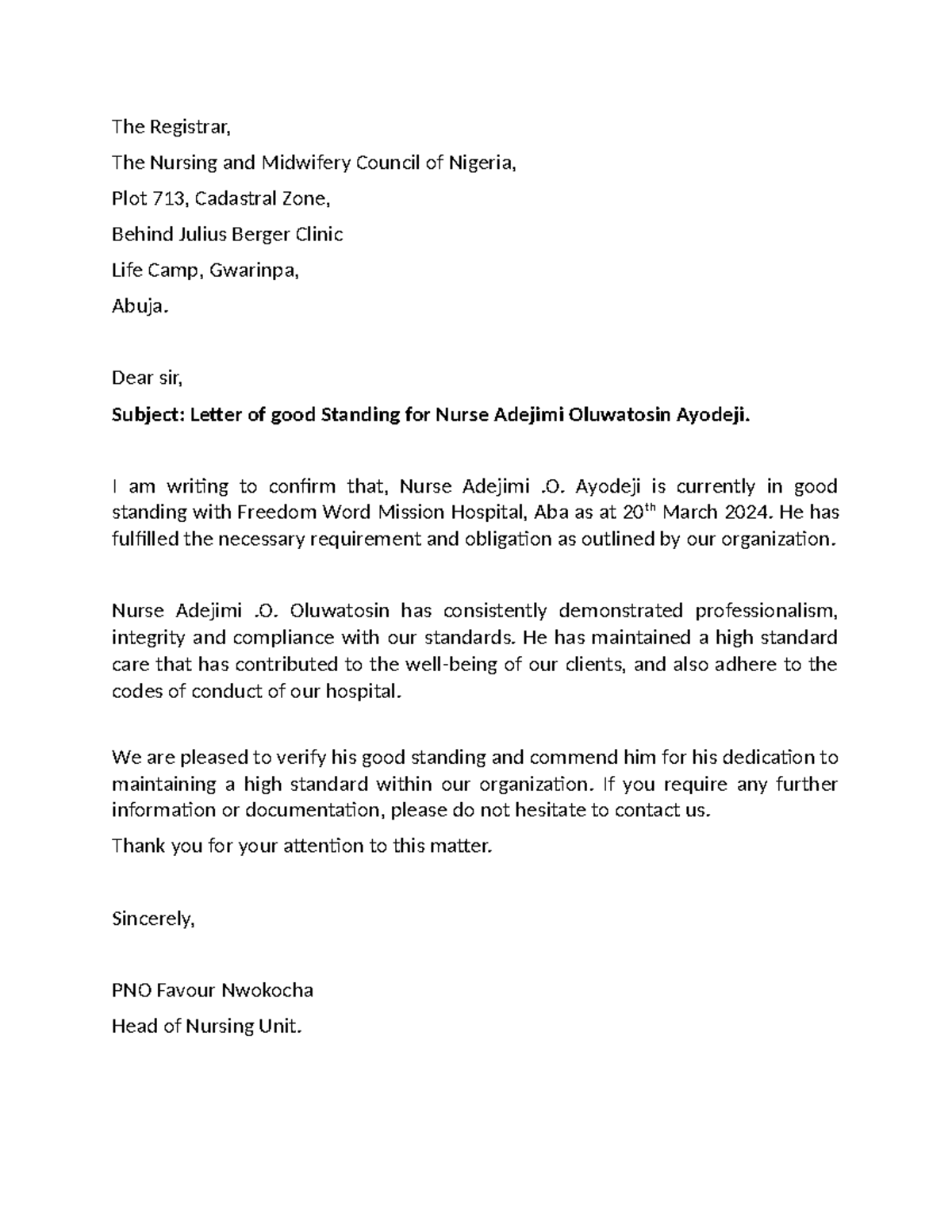 Adejimi Letter of good Standing - The Registrar, The Nursing and ...