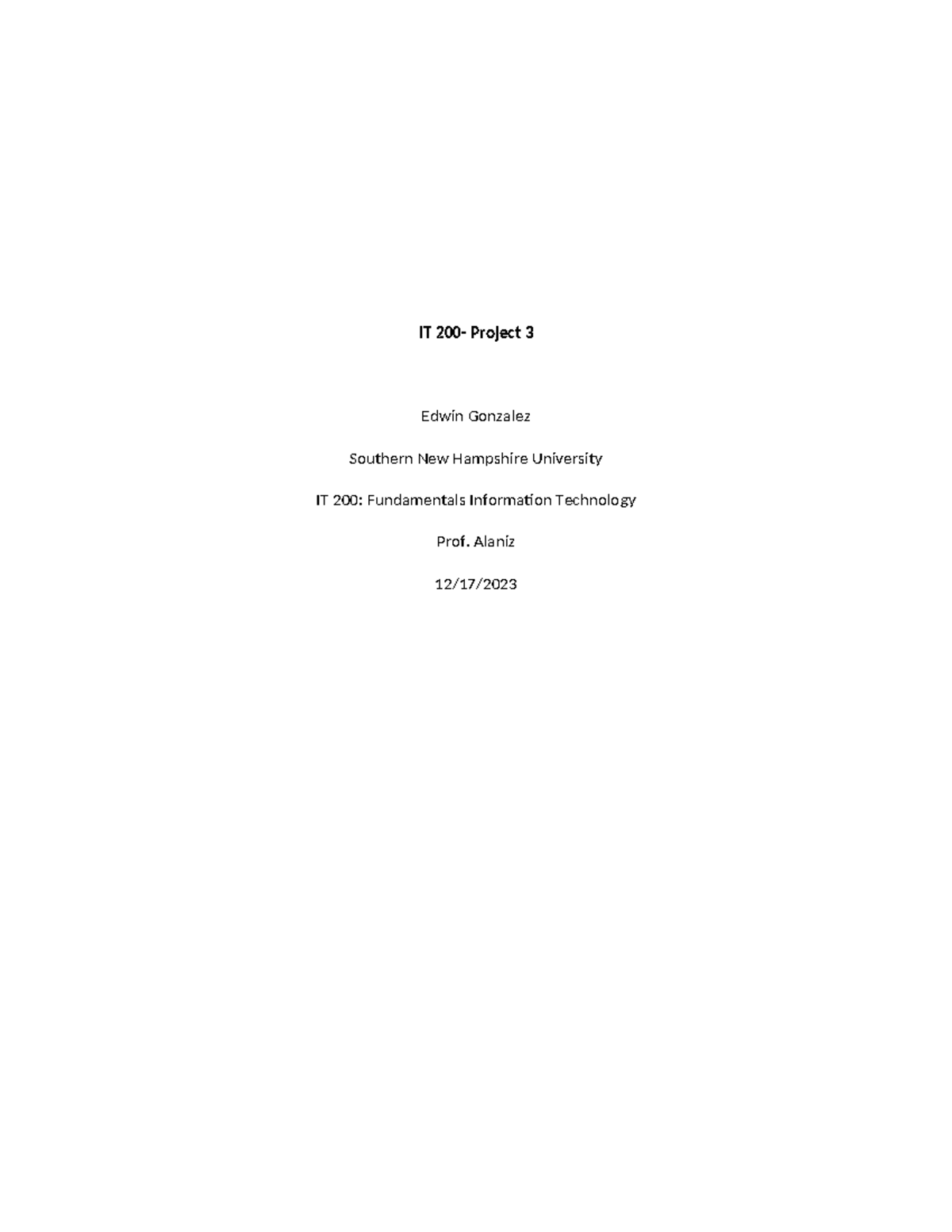 IT project 3 - IT 200- Project 3 Edwin Gonzalez Southern New Hampshire ...