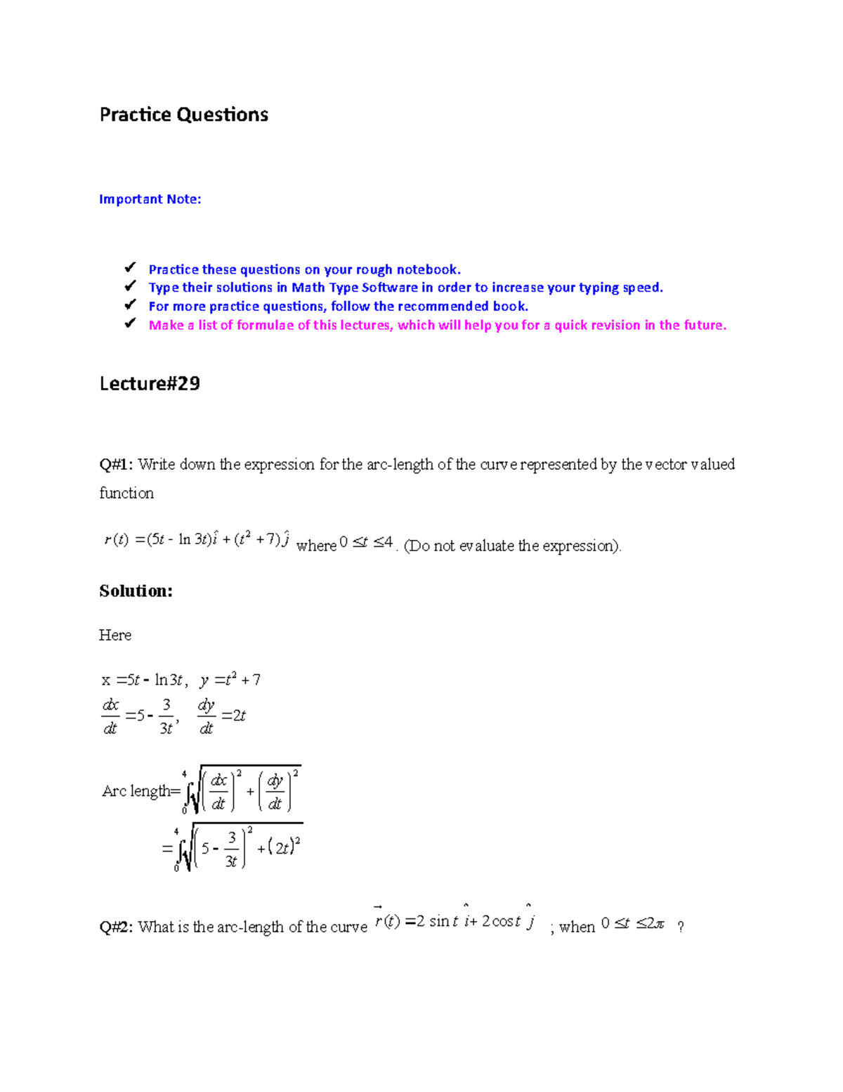 Sol of Practice Questions Lectures 29-31 - Practice Questions Important ...
