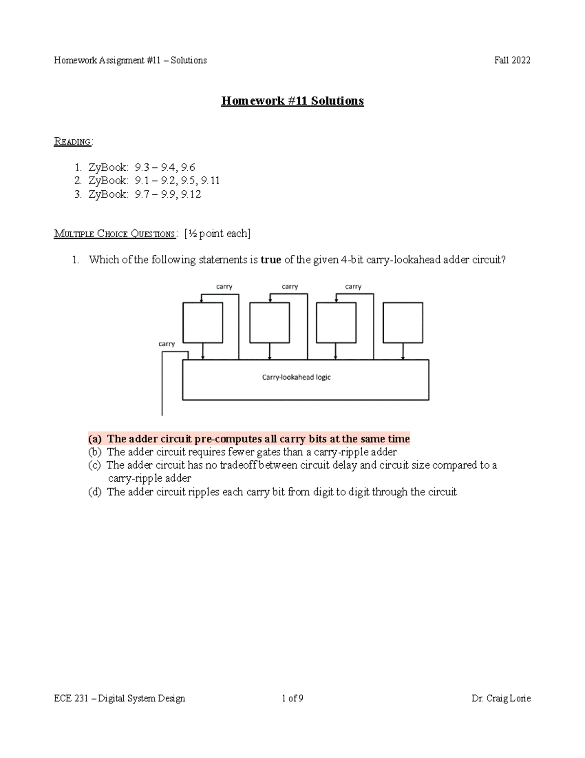 ECE 231 - Fall 2022 - HW11 - Solutions - Homework #11 Solutions READING: ZyBook: 9 – 9, 9 ...