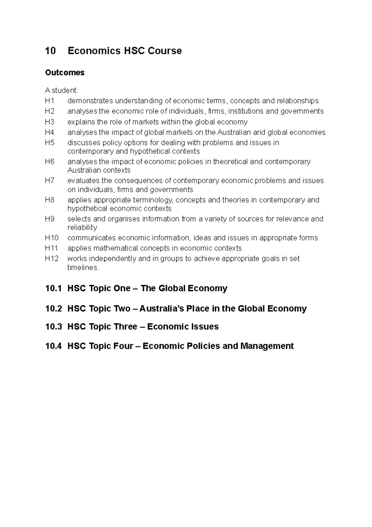 Economics yr12 printable - 10 Economics HSC Course Outcomes A student ...