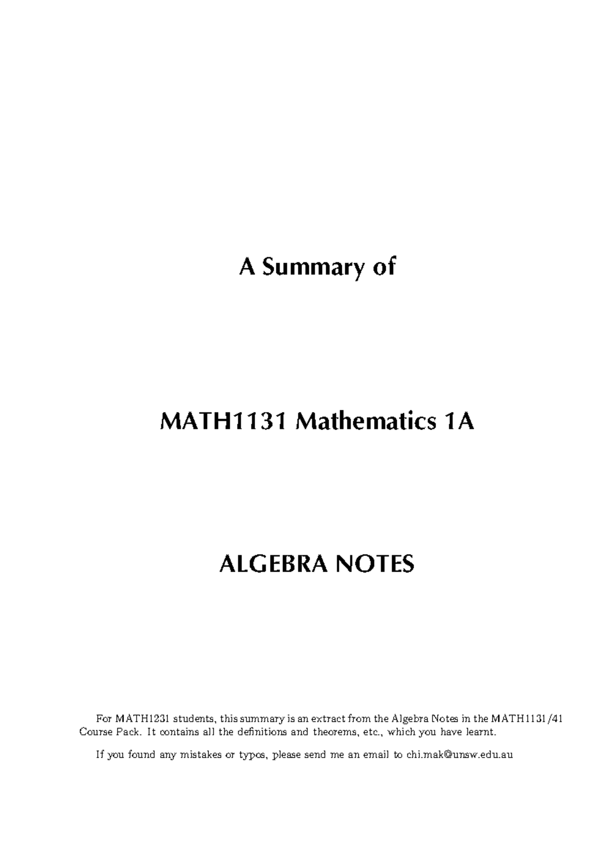 Mathematics 1A - Lecture notes - Summary1131Alg - A Summary of MATH1131 ...