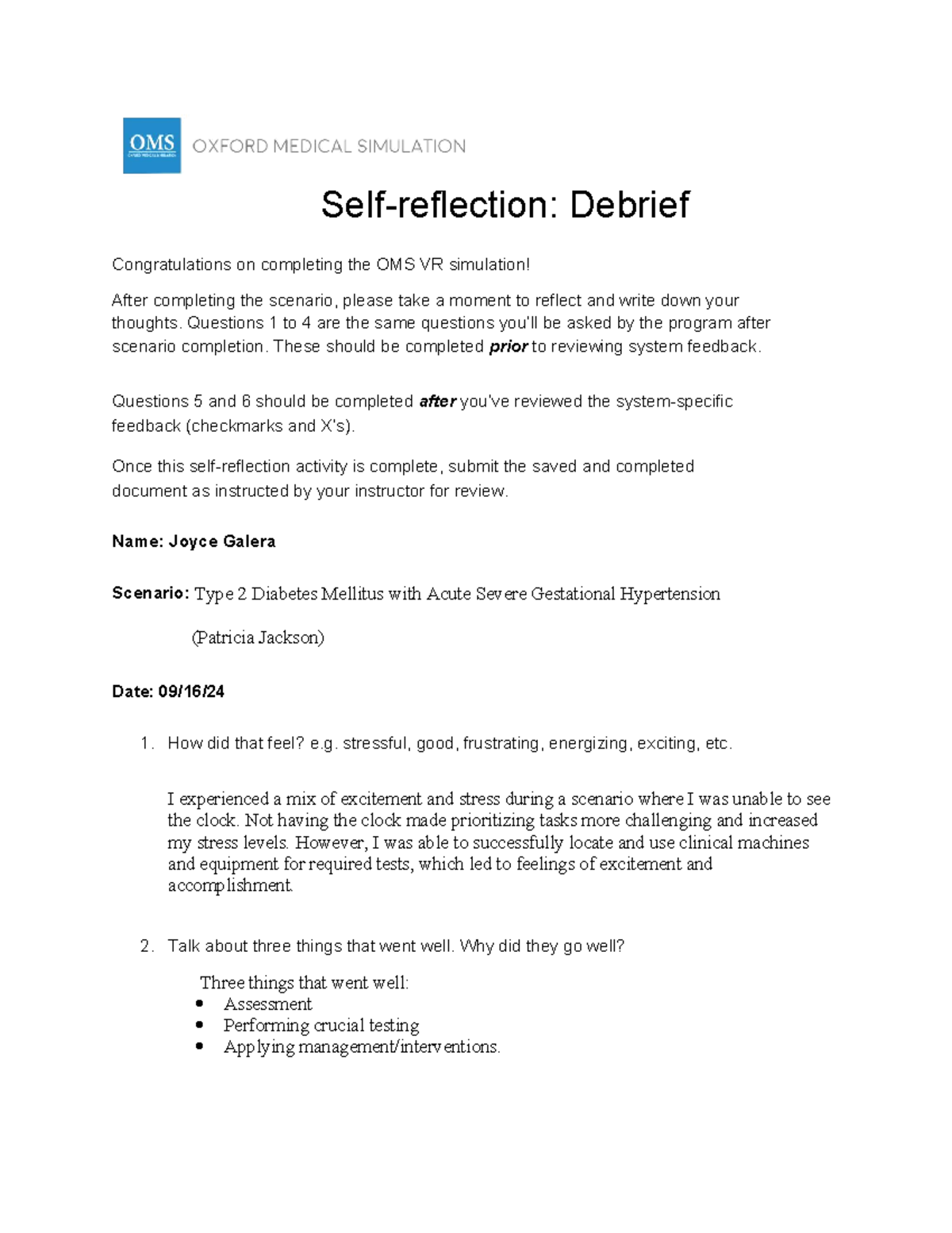 OMS Self-reflection- Debrief BSN 266 - Self-reflection: Debrief ...
