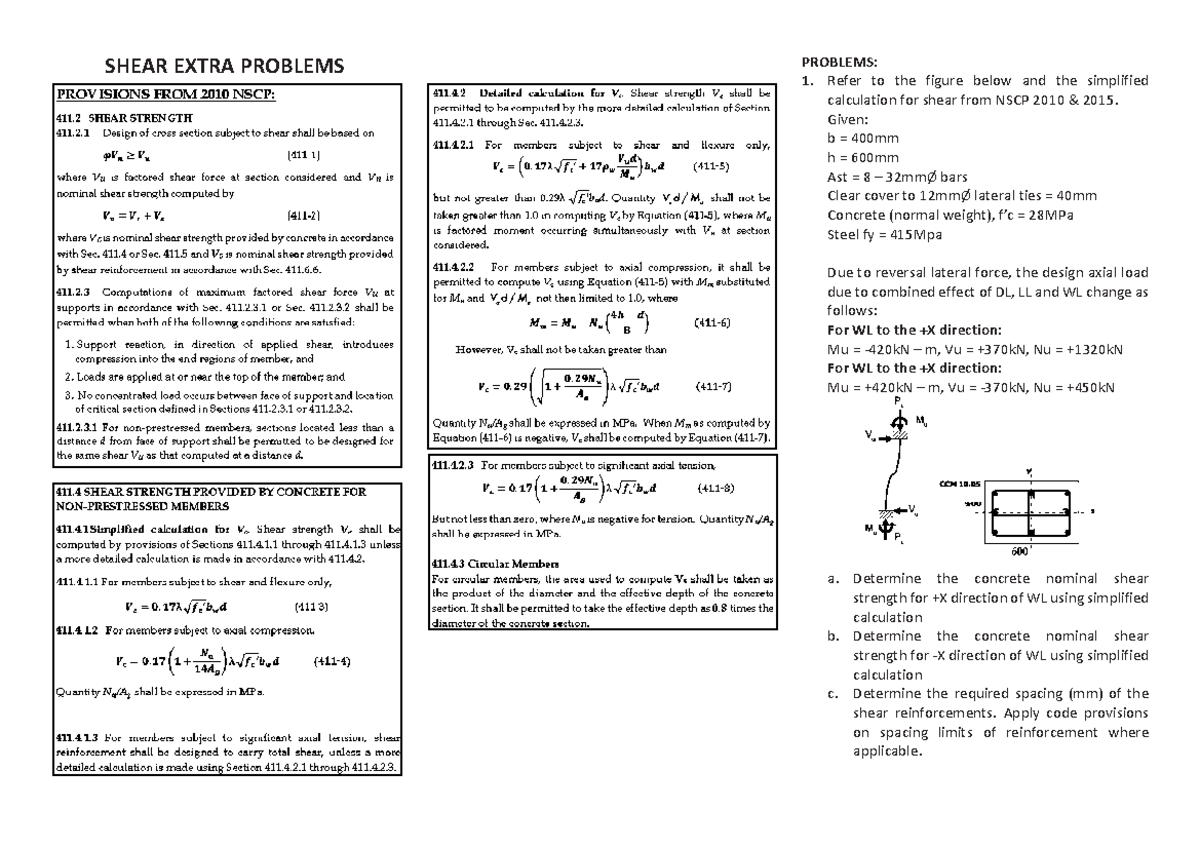 Shear Extra Problems - SHEAR EXTRA PROBLEMS PROBLEMS: Refer to the figure below and the ...