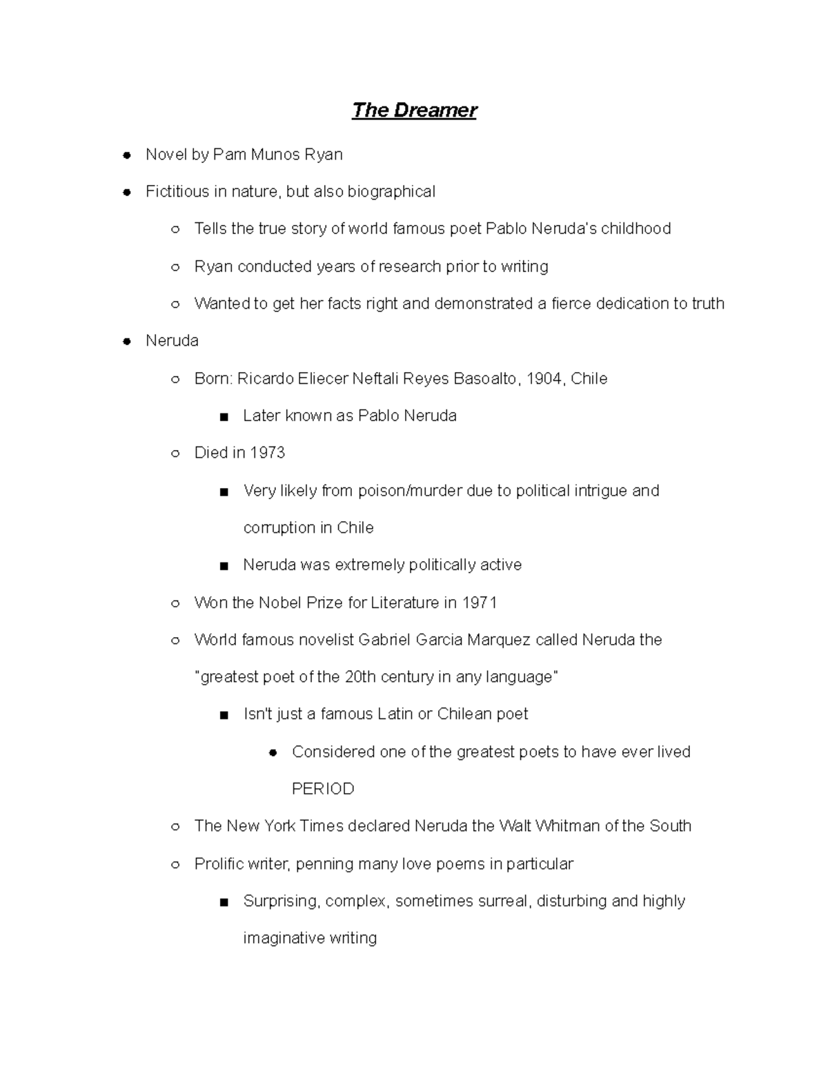 ENGL 216 The Dreamere Lecture - The Dreamer Novel by Pam Munos Ryan ...