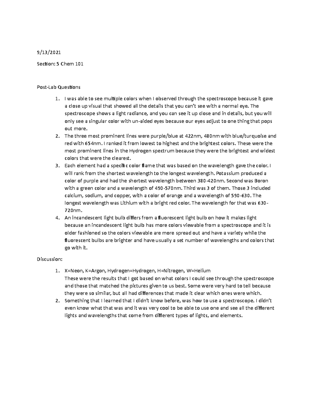 Lab Lab Post Lab With Questions And Calculations 913 Section 5 Chem 101 Post Lab 