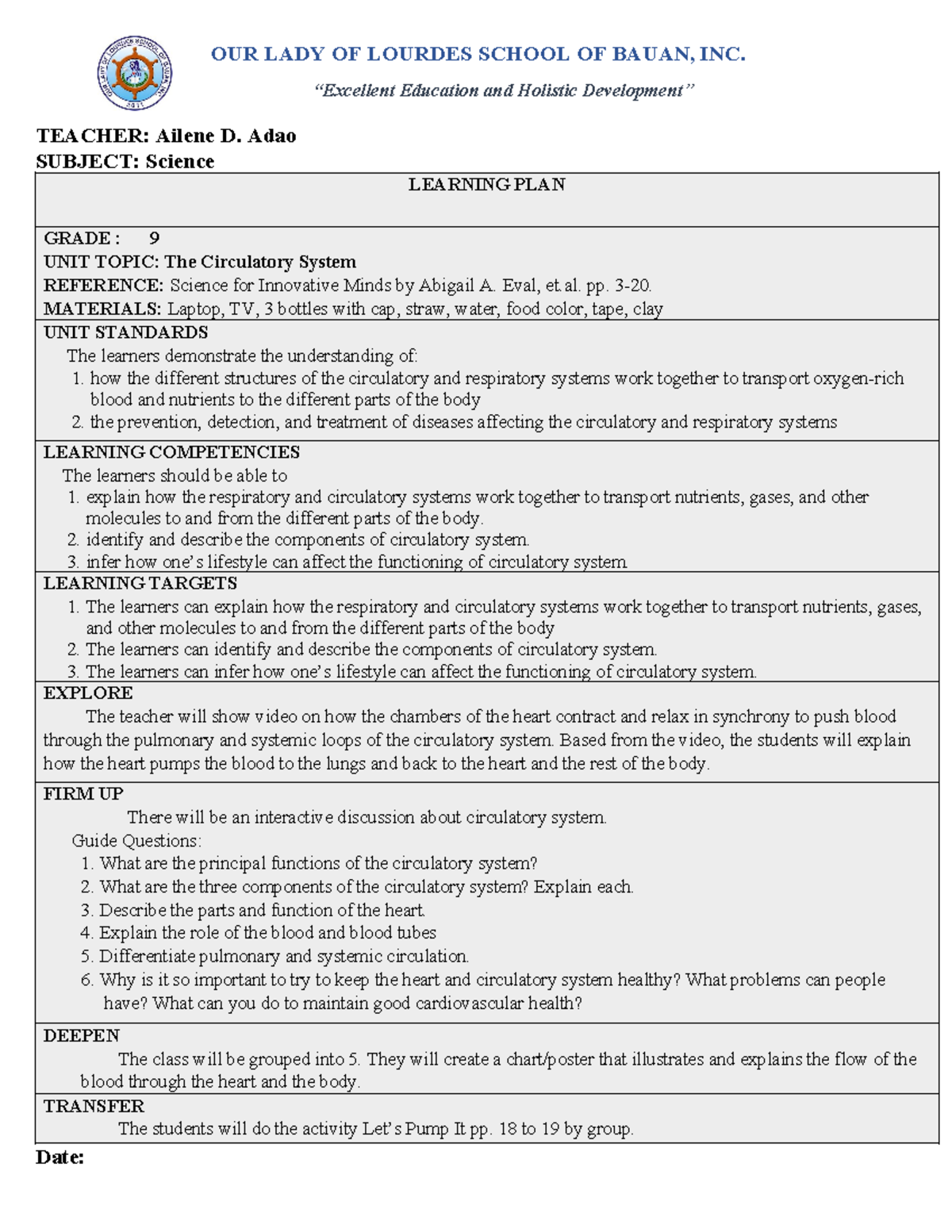 Science-9 - Lesson plan - “Excellent Education and Holistic Development ...