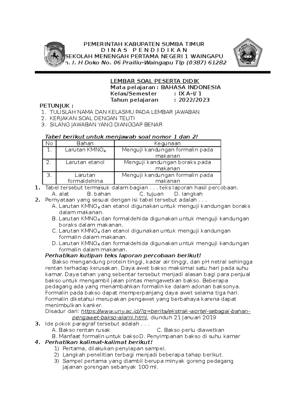 SOAL PAS Bahasa Indonesia Kelas 9 A-I 2022-2023 - PEMERINTAH KABUPATEN SUMBA TIMUR D I N A S P E ...