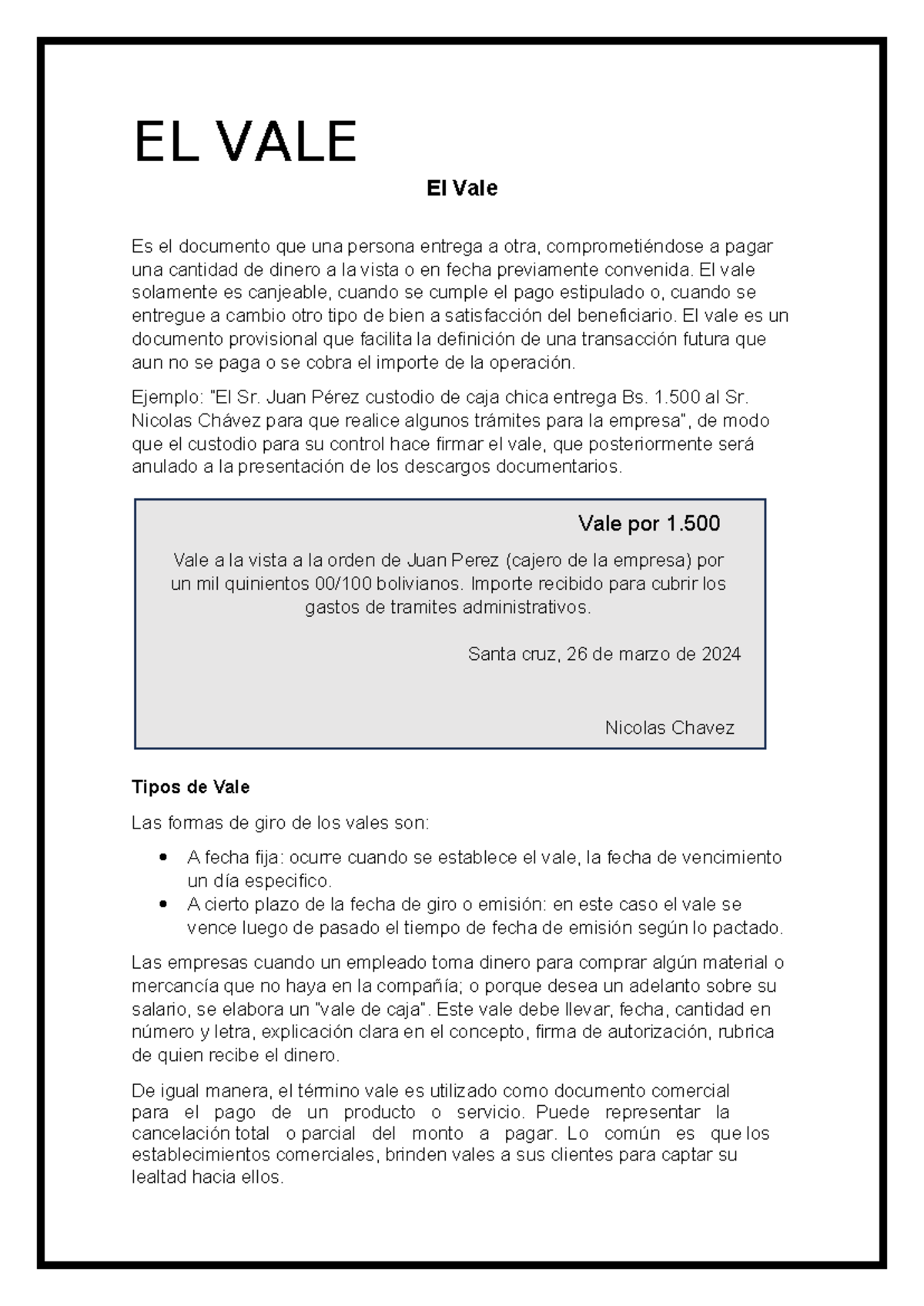 EL VALE documento mercantil - EL VALE El Vale Es el documento que una ...