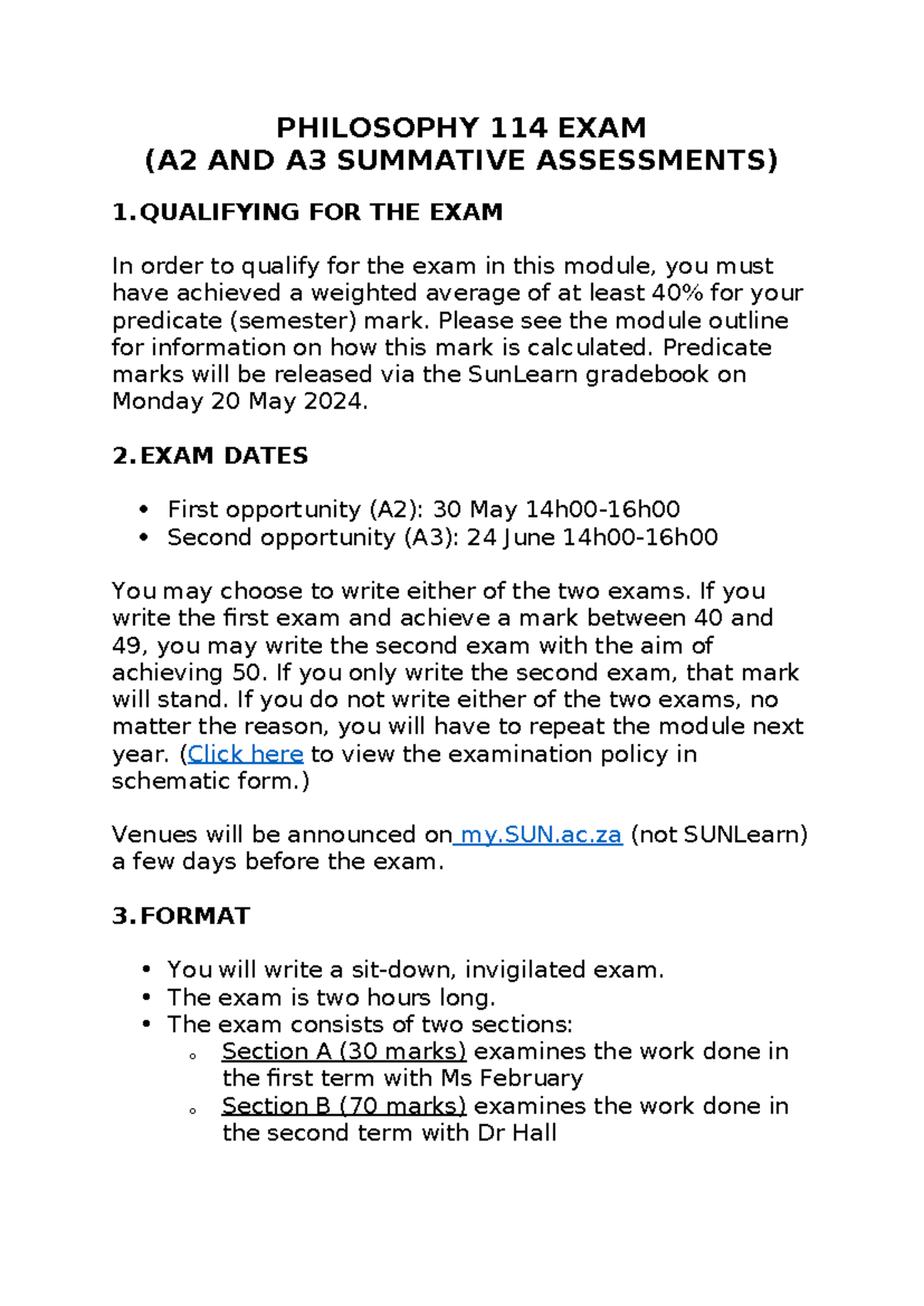 Philosophy 114 EXAM Information 2024 - PHILOSOPHY 114 EXAM (A2 AND A3 ...