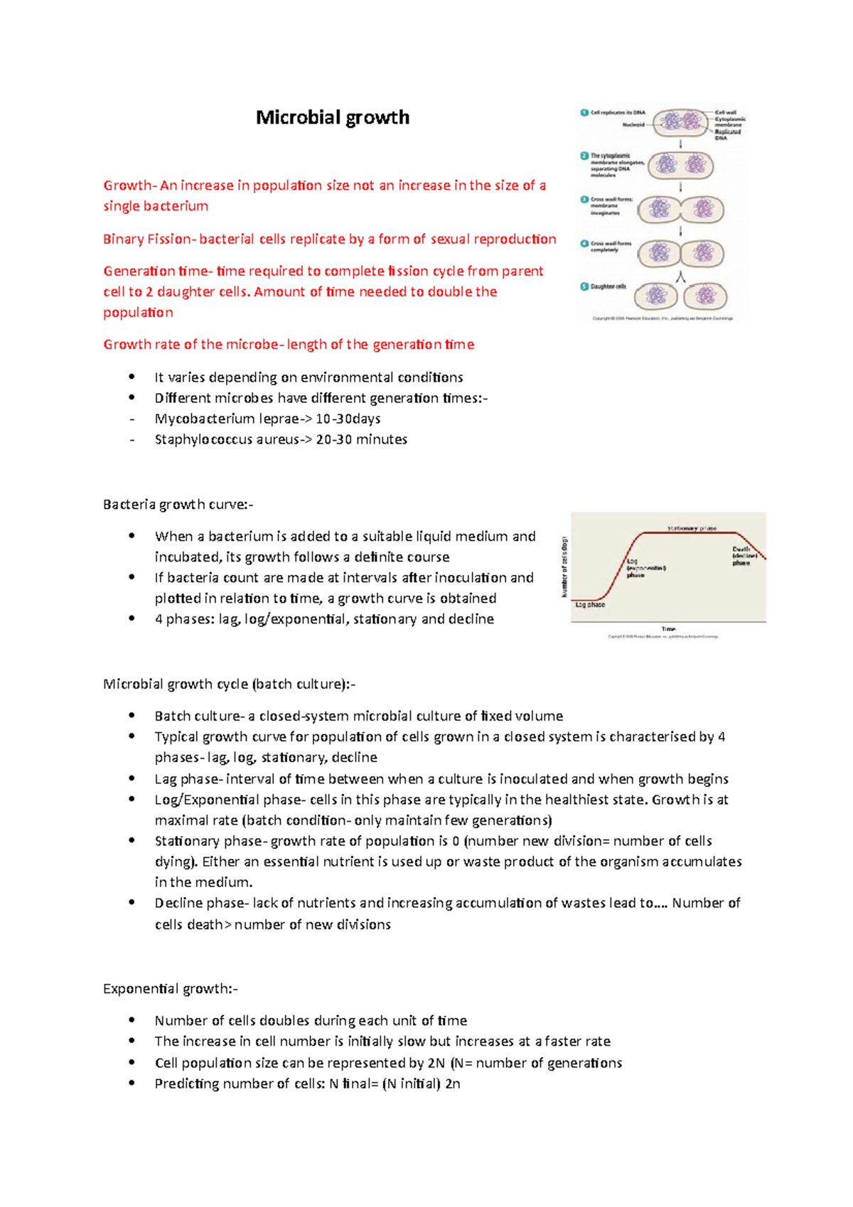 lecture 4 notes - Microbial growth Growth- An increase in population ...