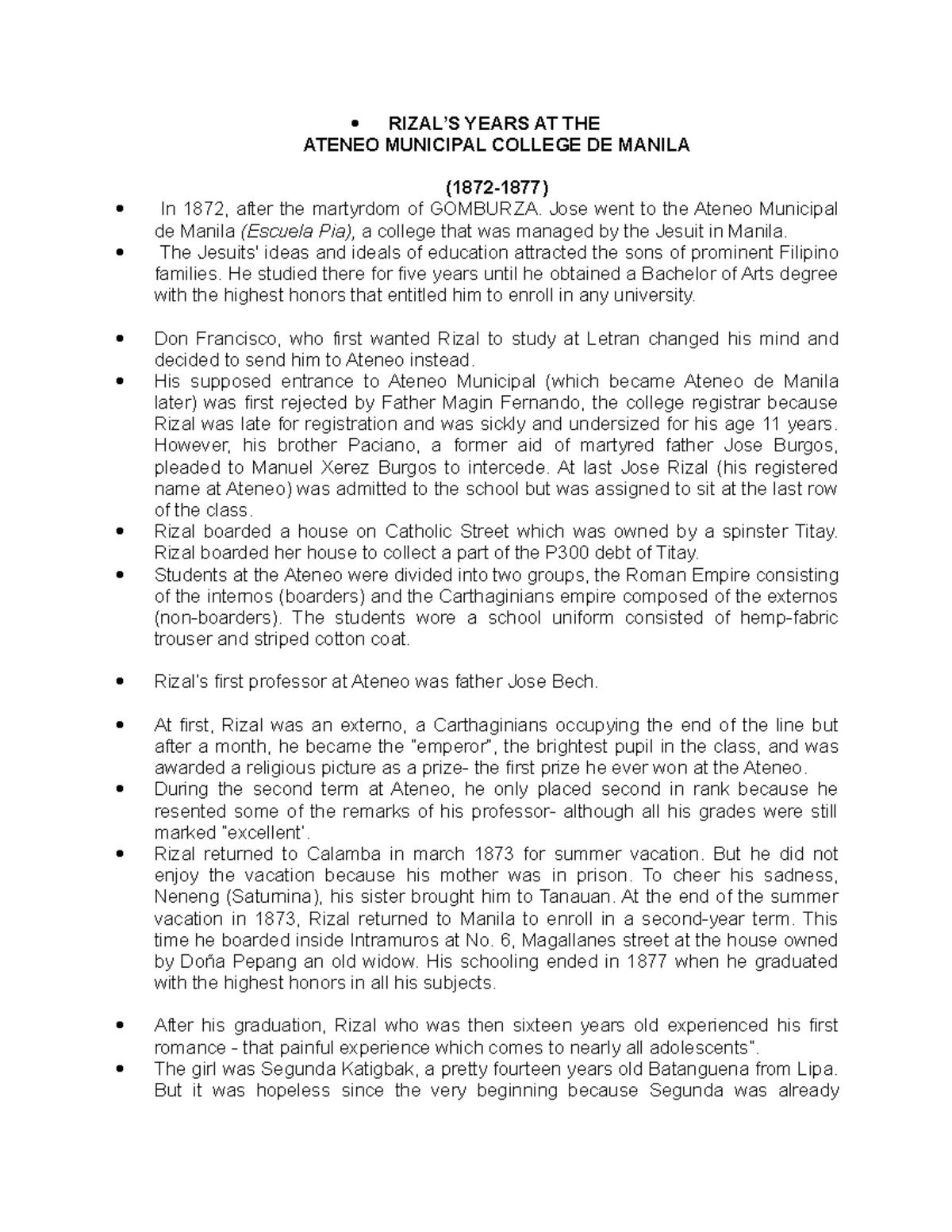 Rizal Module 5 Midterm - RIZAL’S YEARS AT THE ATENEO MUNICIPAL COLLEGE DE MANILA (1872-1877) In ...