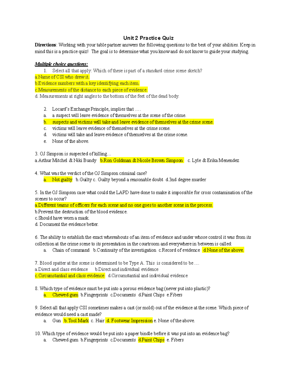 Key Practice Quiz Unit 2 1 - Unit 2 Practice Quiz Directions: Working ...