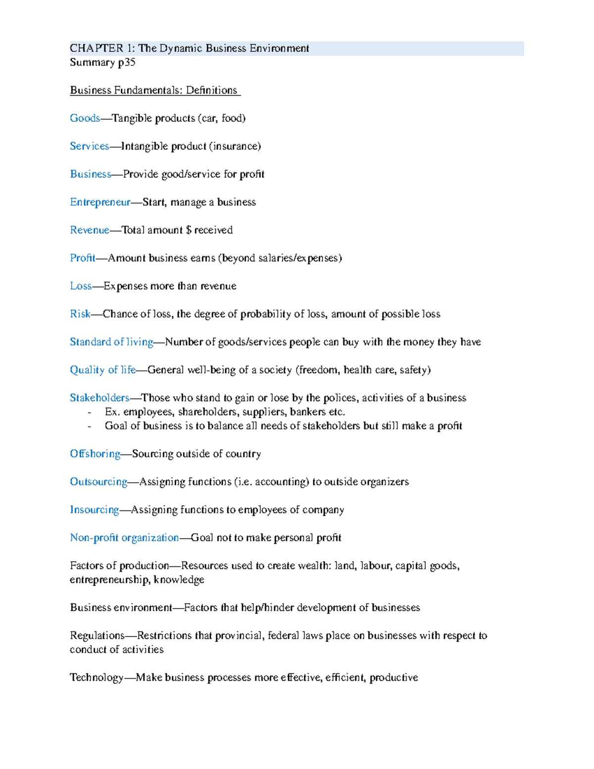 Chapter 1 and 4 Notes - CHAPTER 1: The Dynamic Business Environment ...