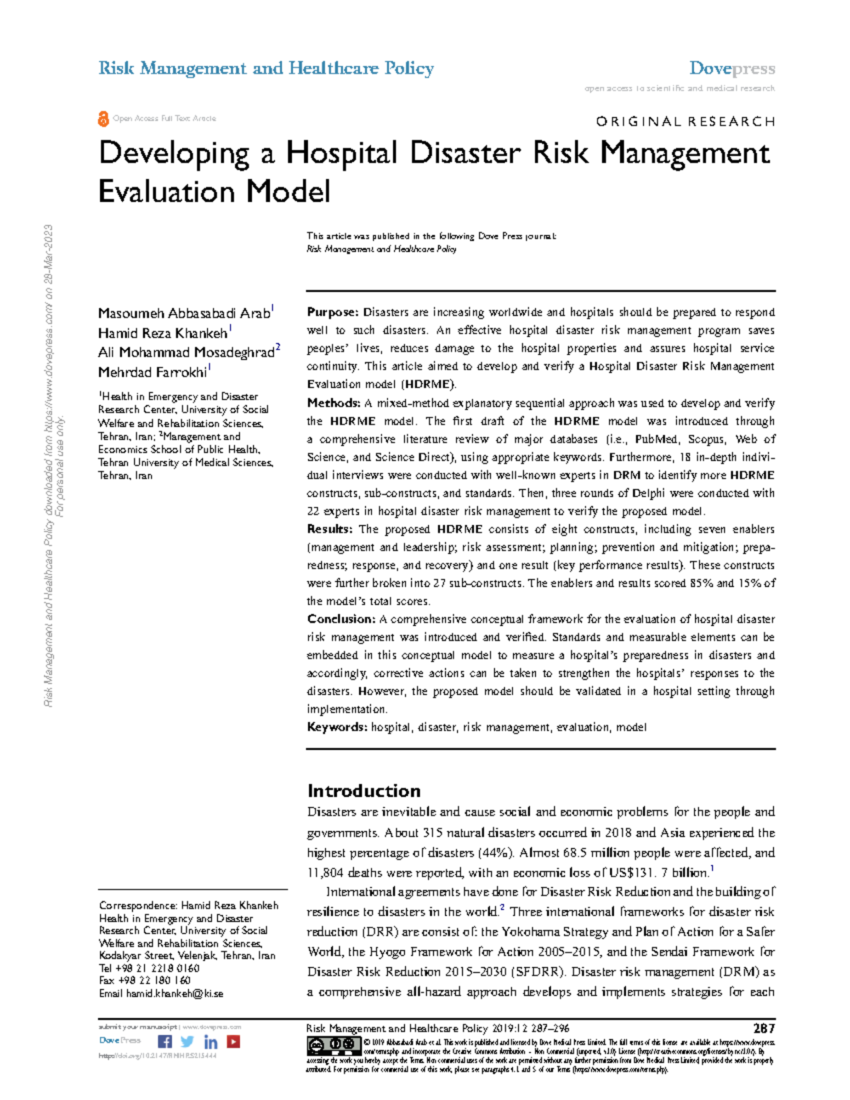 Rmhp 215444 developing a hospital disaster risk management evaluation ...