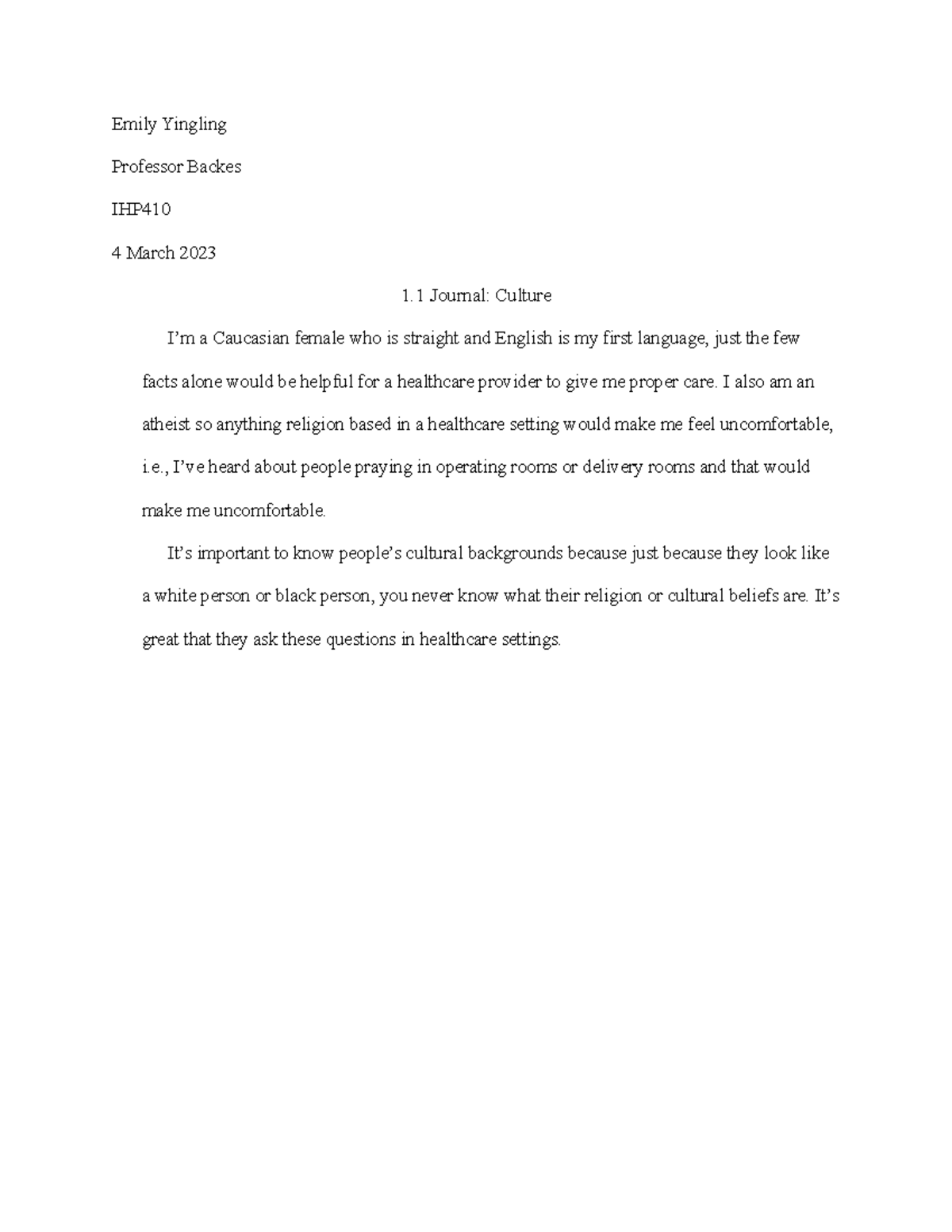 1-1 Journal- Culture - Healthcare Marketing (HCM325) - Edit - Emily ...