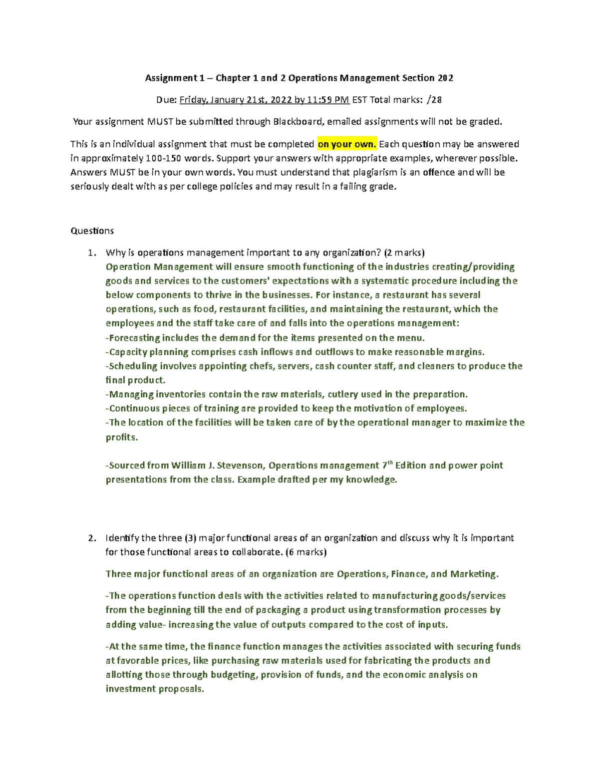 Assignment 1 with response - Assignment 1 – Chapter 1 and 2 Operations ...