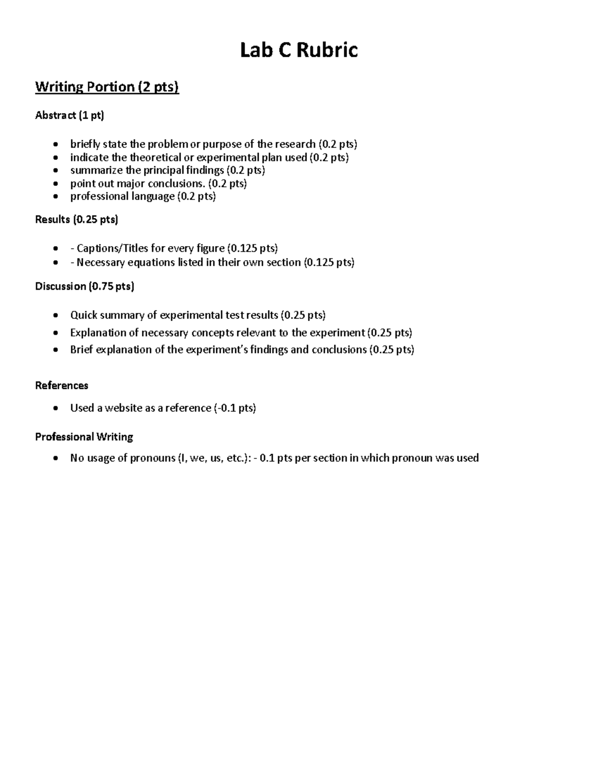 Lab C Rubric week 1 - Lab C Rubric Writing Portion ( 2 pts) Abstract (1 ...