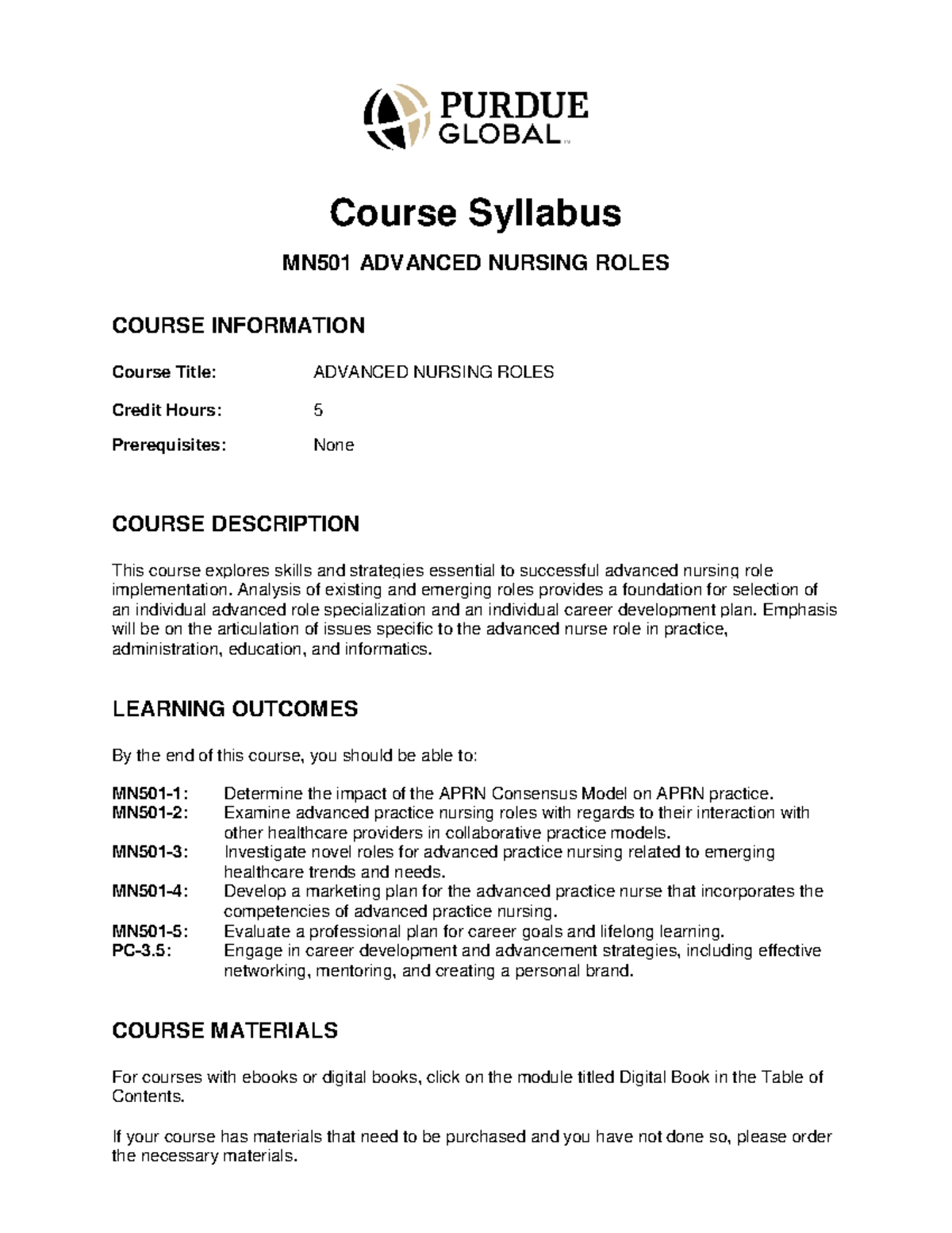MN501 Syllabus - Course Syllabus MN501 ADVANCED NURSING ROLES COURSE ...